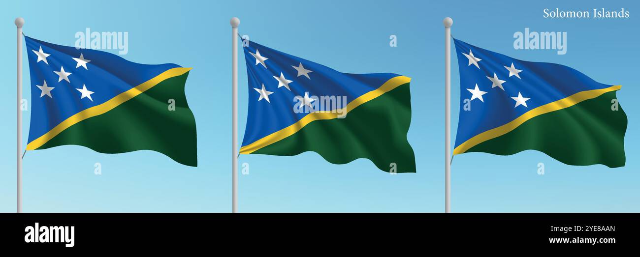 Set of three flags of Solomon Islands waving on flagpoles with a vibrant blue sky backdrop Stock ...