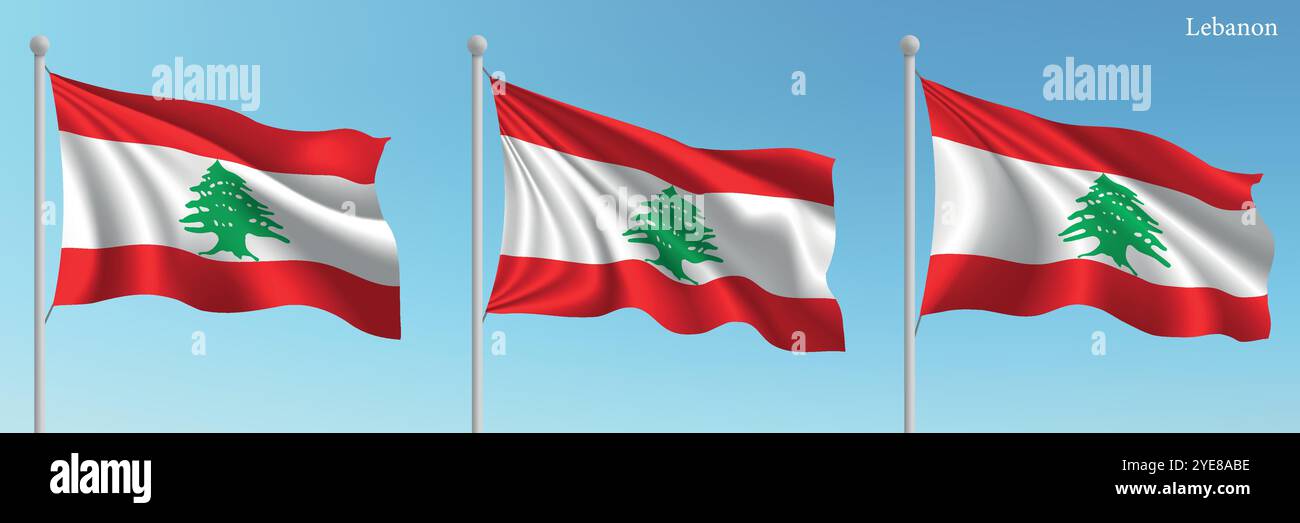 Set of three flags of Lebanon waving on flagpoles with a vibrant blue sky backdrop Stock Vector ...