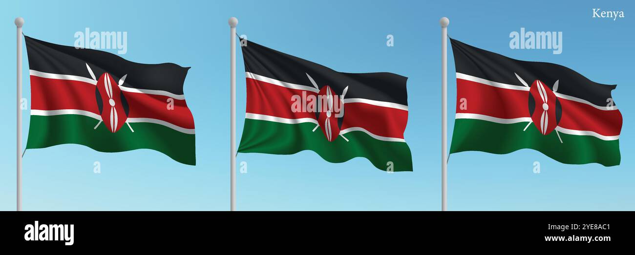 Set of three flags of Kenya waving on flagpoles with a vibrant blue sky backdrop Stock Vector ...