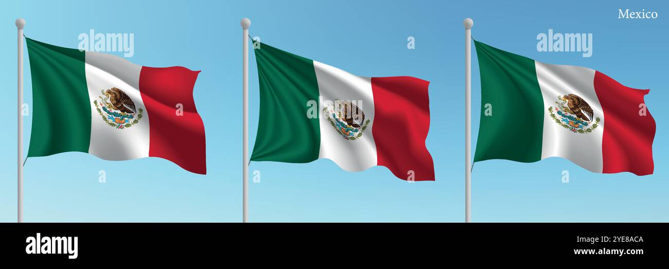 Set of three flags of Mexico waving on flagpoles with a vibrant blue ...