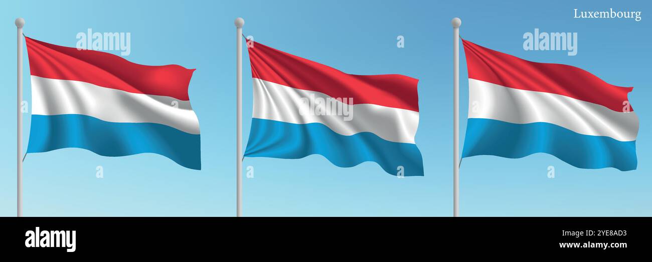 Set of three flags of Luxembourg waving on flagpoles with a vibrant blue sky backdrop Stock ...
