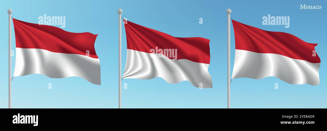 Set of three flags of Monaco waving on flagpoles with a vibrant blue sky backdrop Stock Vector ...