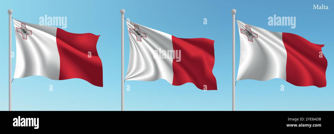 Set of three flags of Malta waving on flagpoles with a vibrant blue sky backdrop Stock Vector ...
