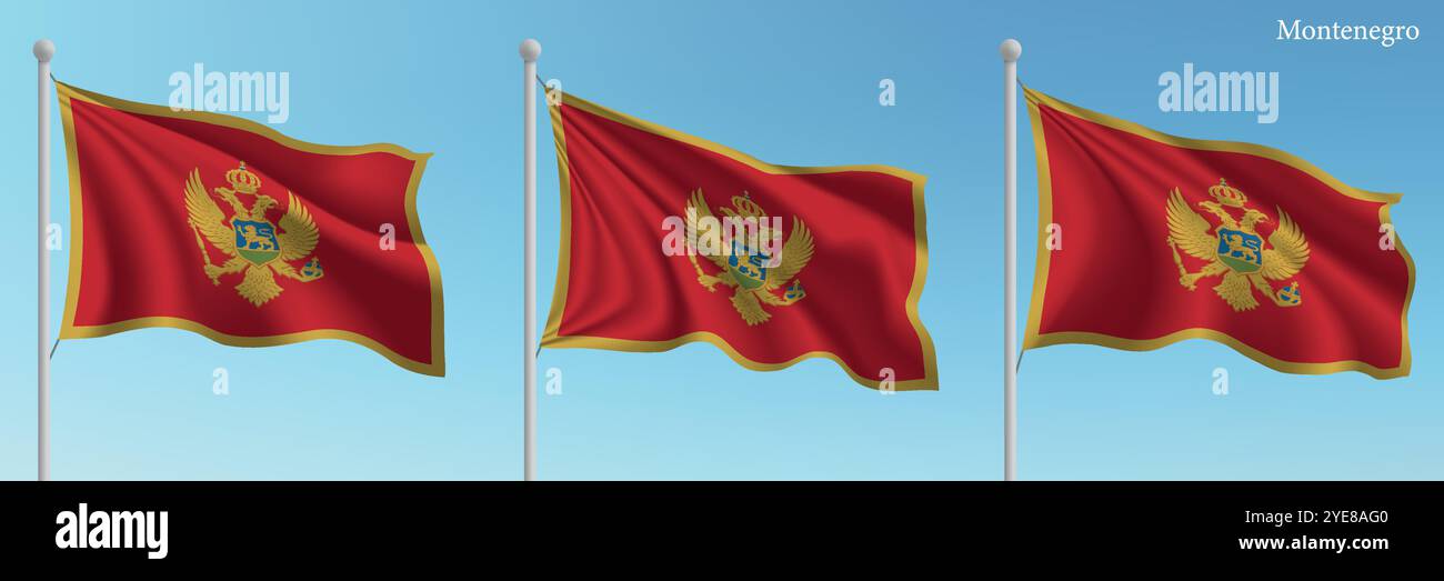 Set of three flags of Montenegro waving on flagpoles with a vibrant blue sky backdrop Stock ...