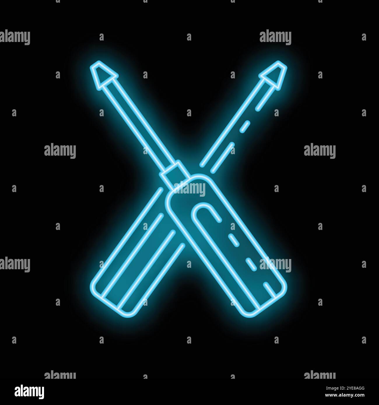 Blue neon icon of two crossed screwdrivers glowing on dark background ...