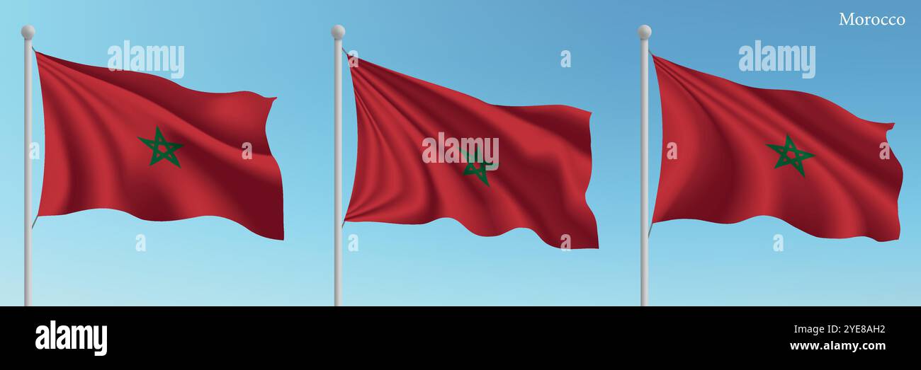 Set of three flags of Morocco waving on flagpoles with a vibrant blue ...