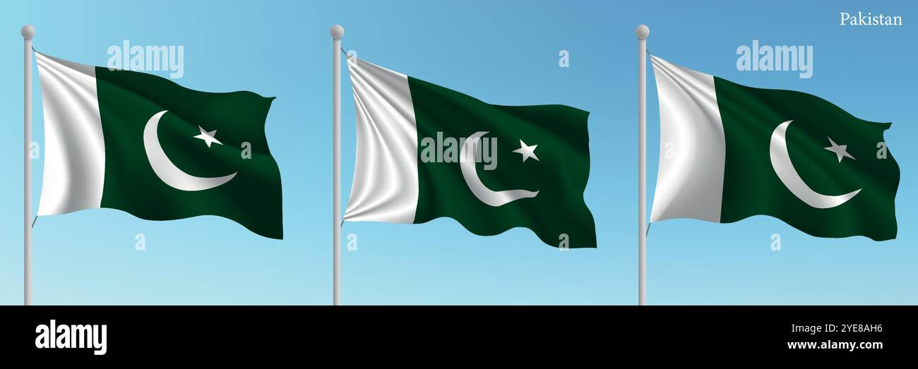 Set of three flags of Pakistan waving on flagpoles with a vibrant blue ...