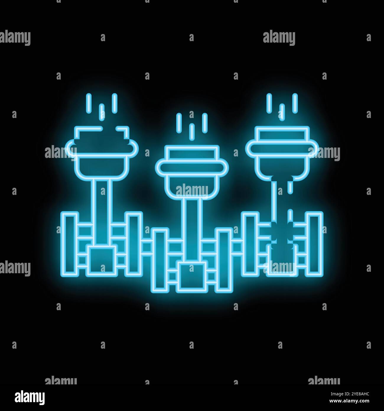 Neon blue crankshaft icon glowing on black background representing car ...