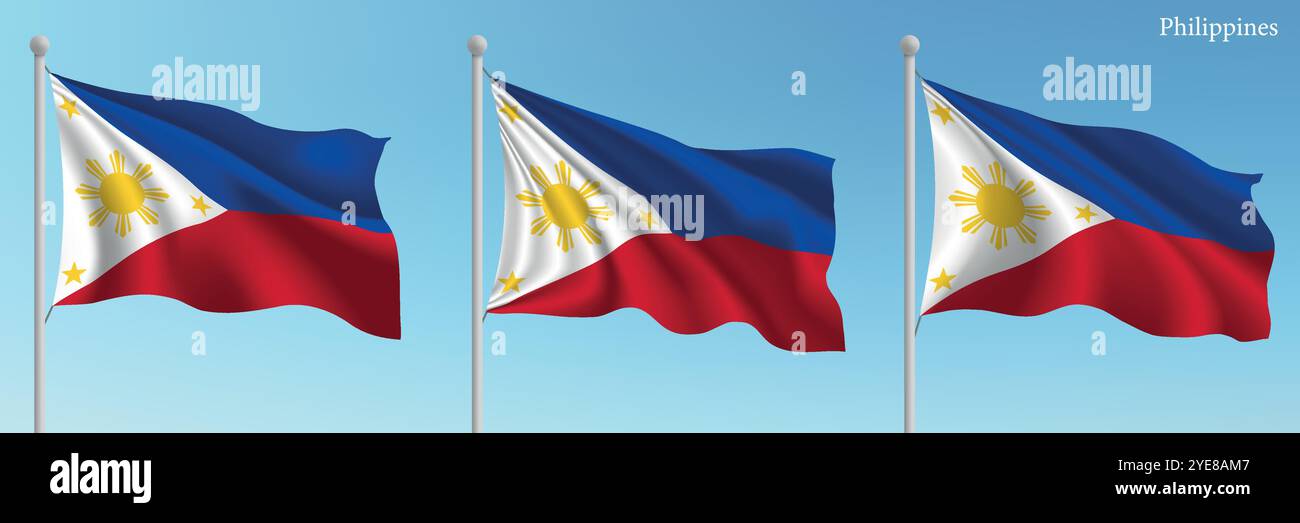 Set of three flags of Philippines waving on flagpoles with a vibrant blue sky backdrop Stock ...