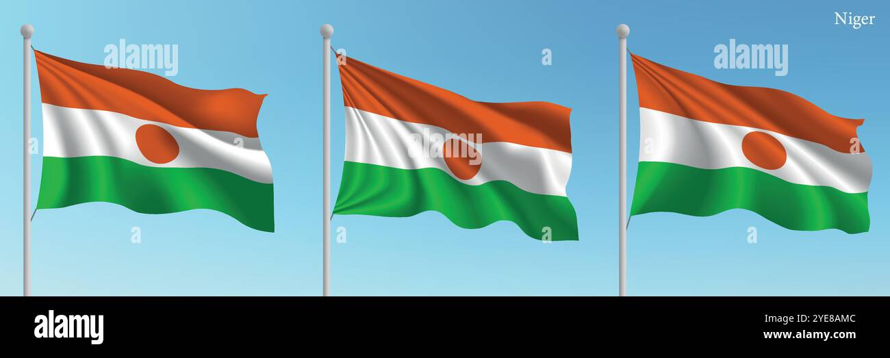 Set of three flags of Niger waving on flagpoles with a vibrant blue sky ...