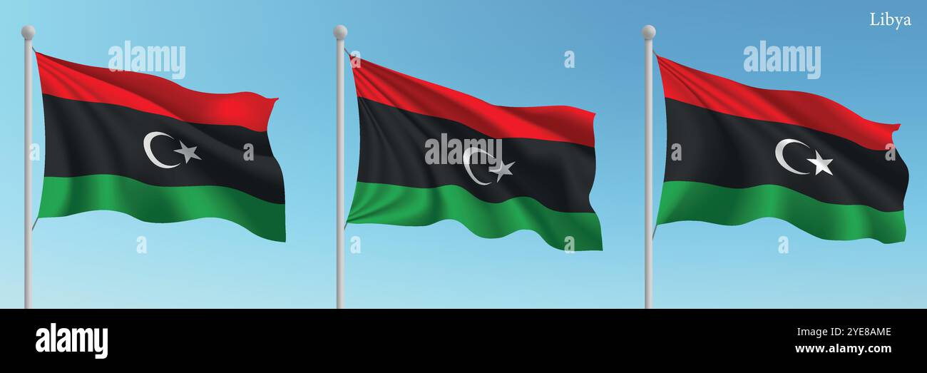 Set of three flags of Libya waving on flagpoles with a vibrant blue sky backdrop Stock Vector ...