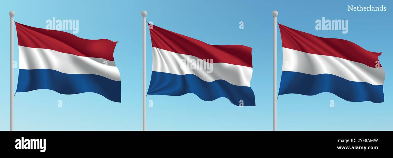 Set of three flags of Netherlands waving on flagpoles with a vibrant ...