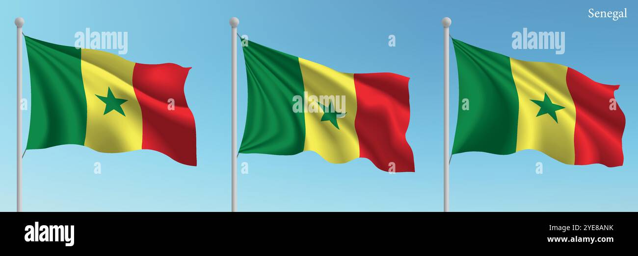 Set of three flags of Senegal waving on flagpoles with a vibrant blue sky backdrop Stock Vector ...