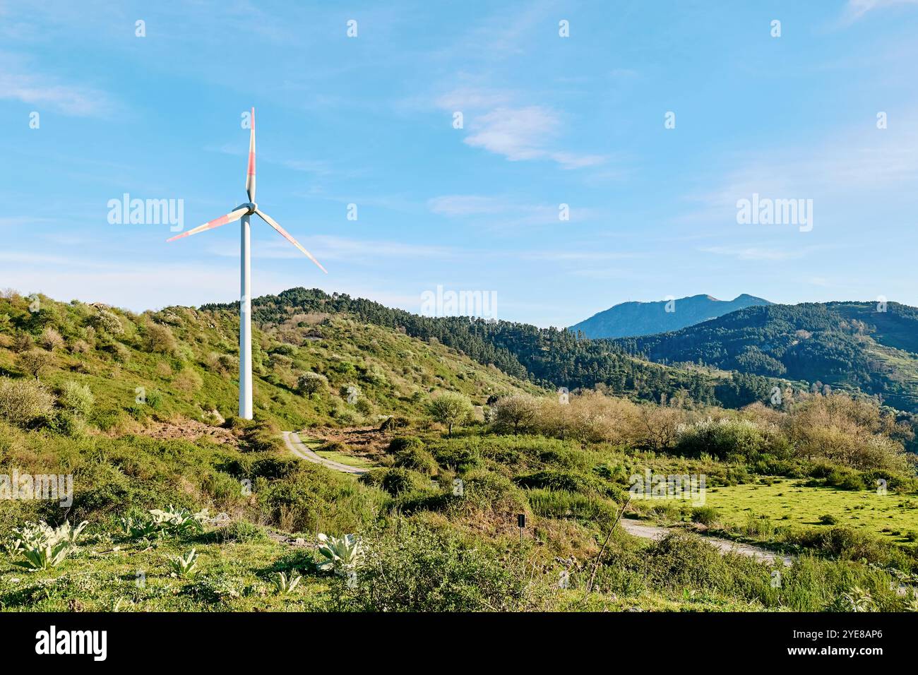 Green energy concept. Mountain top industrial wind power plant, wind ...
