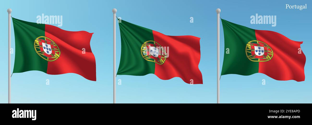 Set of three flags of Portugal waving on flagpoles with a vibrant blue sky backdrop Stock Vector ...