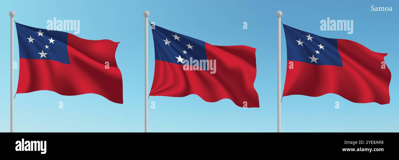 Set of three flags of Samoa waving on flagpoles with a vibrant blue sky backdrop Stock Vector ...