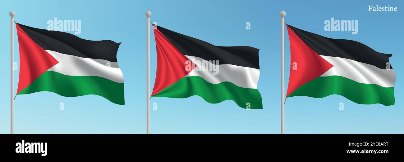 Set of three flags of Palestine waving on flagpoles with a vibrant blue sky backdrop Stock ...