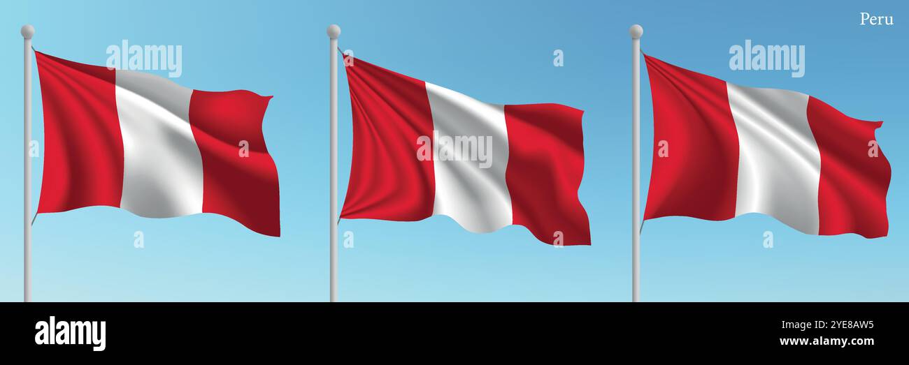 Set of three flags of Peru waving on flagpoles with a vibrant blue sky ...