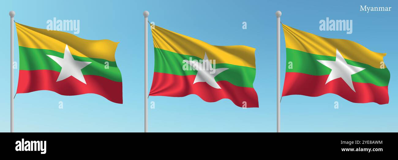 Set of three flags of Myanmar waving on flagpoles with a vibrant blue sky backdrop Stock Vector ...