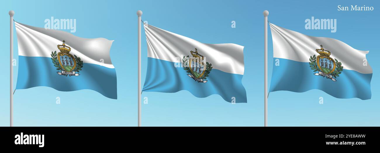 Set of three flags of San Marino waving on flagpoles with a vibrant blue sky backdrop Stock ...