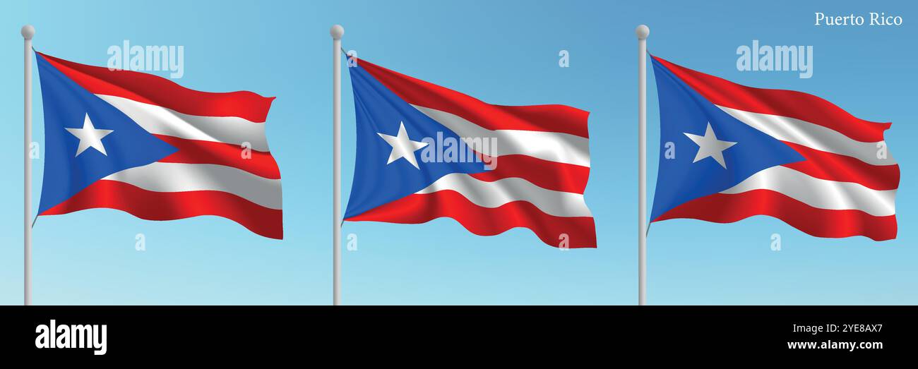Set of three flags of Puerto Rico waving on flagpoles with a vibrant blue sky backdrop Stock ...