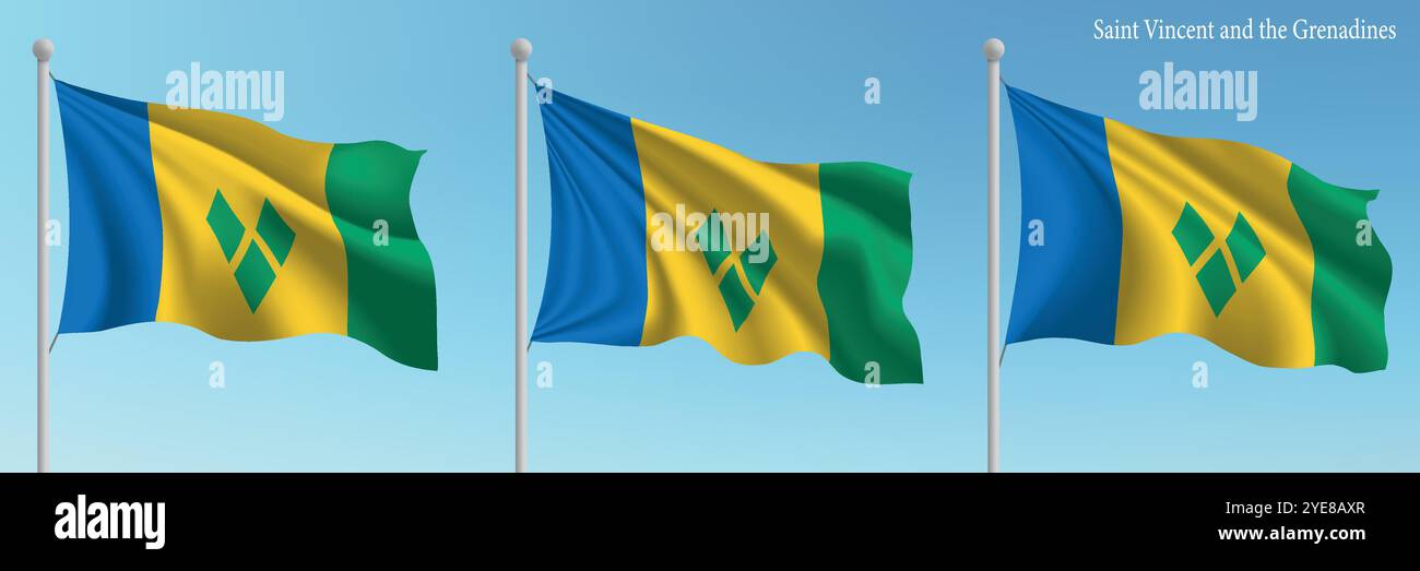 Set of three flags of Saint Vincent and the Grenadines waving on flagpoles with a vibrant blue ...