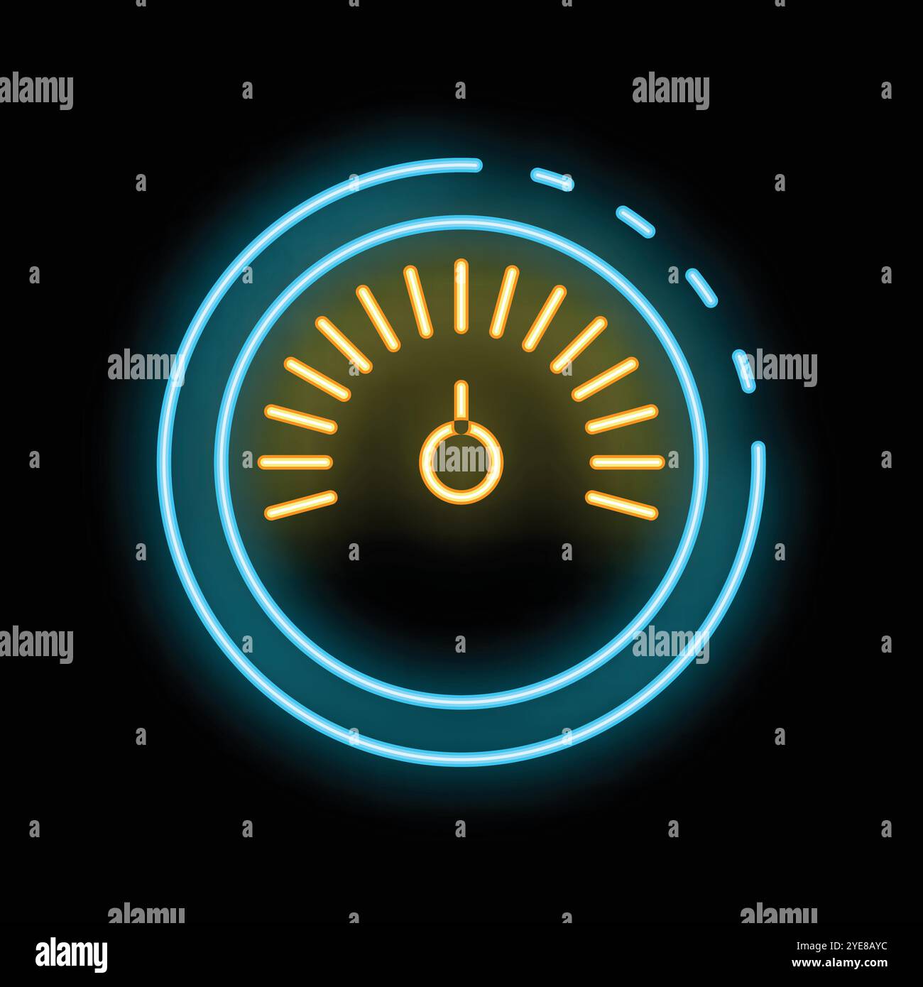 Neon sign of a speedometer with glowing yellow needle indicating high ...
