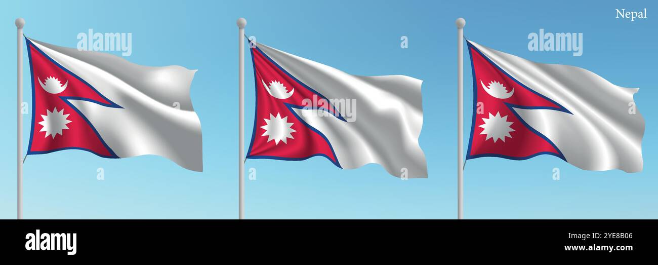 Set of three flags of Nepal waving on flagpoles with a vibrant blue sky backdrop Stock Vector ...
