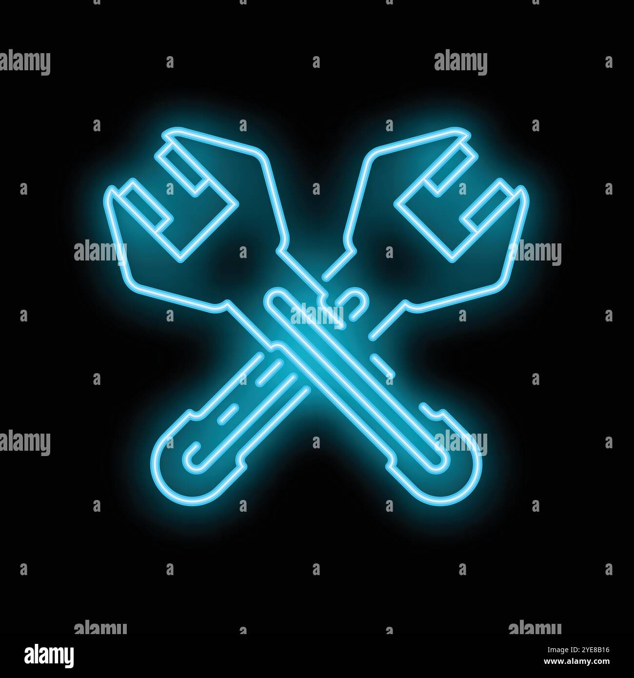 Two crossed wrenches forming a glowing blue neon sign Stock Vector ...