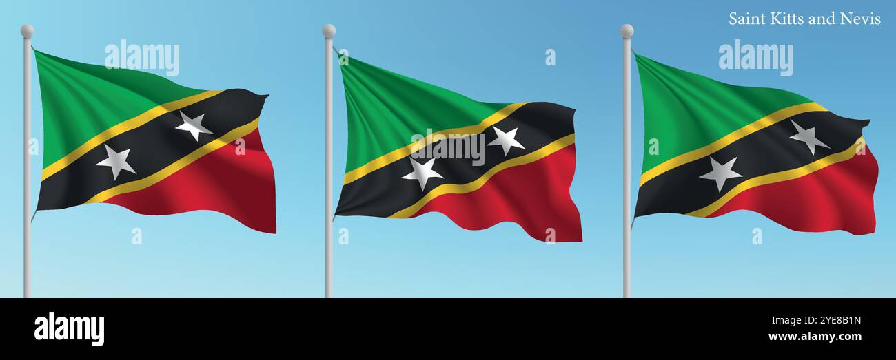 Set of three flags of Saint Kitts and Nevis waving on flagpoles with a vibrant blue sky backdrop ...