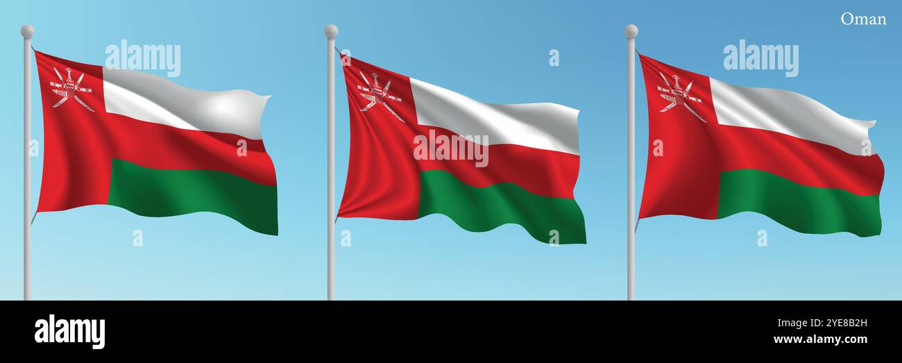 Set of three flags of Oman waving on flagpoles with a vibrant blue sky backdrop Stock Vector ...