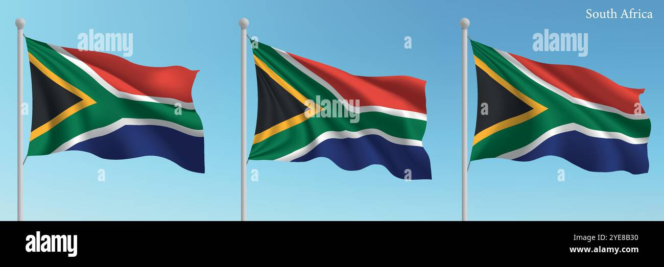 Set of three flags of South Africa waving on flagpoles with a vibrant blue sky backdrop Stock ...
