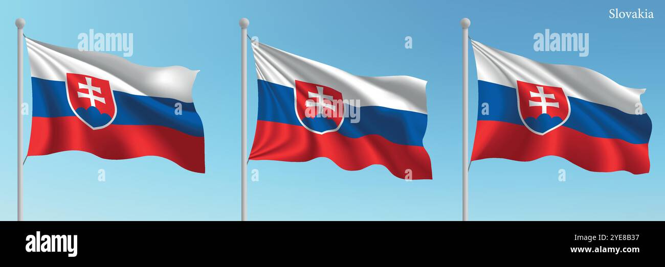 Set of three flags of Slovakia waving on flagpoles with a vibrant blue ...