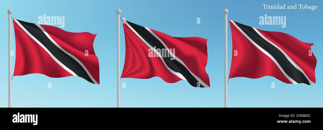 Set of three flags of Trinidad and Tobago waving on flagpoles with a vibrant blue sky backdrop ...