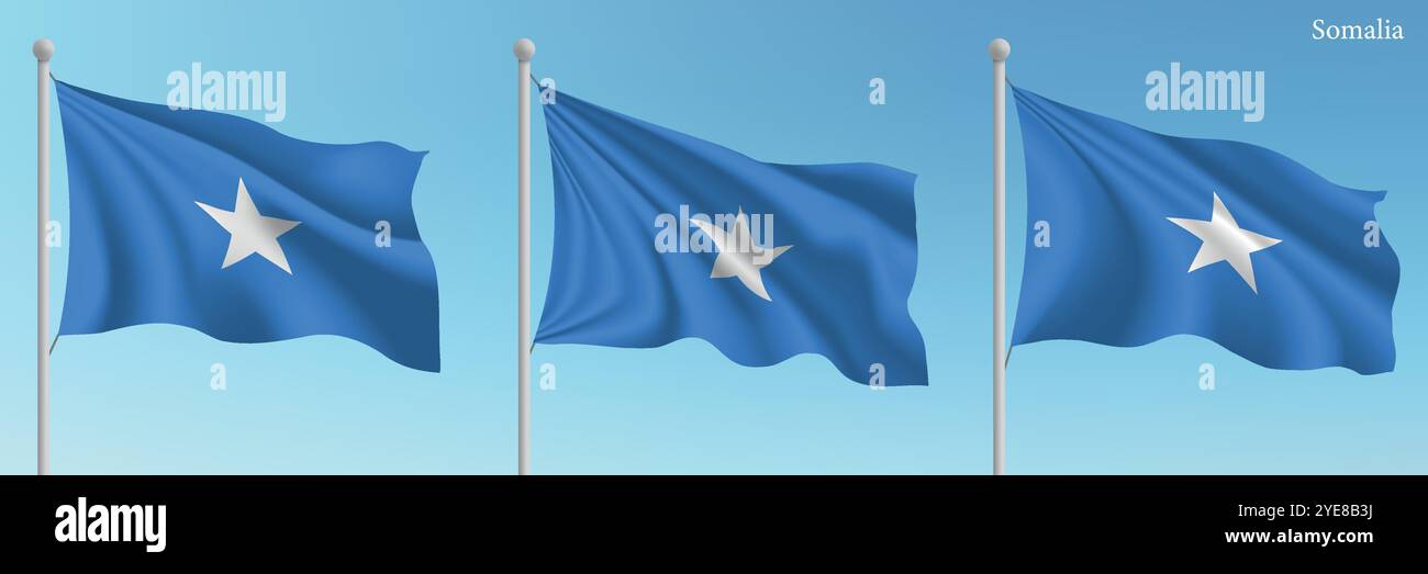 Set of three flags of Somalia waving on flagpoles with a vibrant blue sky backdrop Stock Vector ...