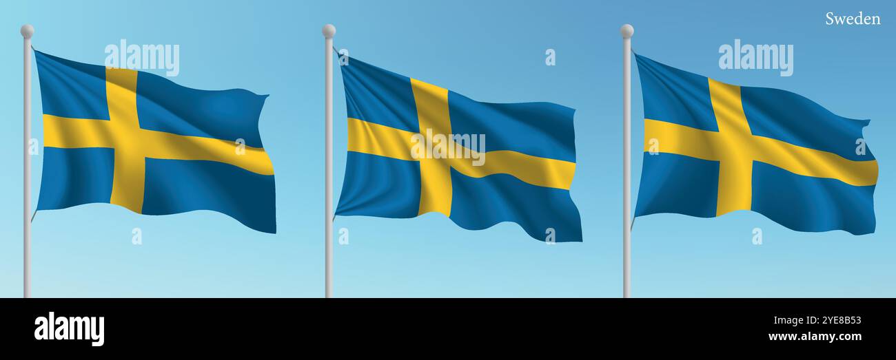Set of three flags of Sweden waving on flagpoles with a vibrant blue ...