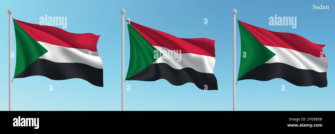 Set of three flags of Sudan waving on flagpoles with a vibrant blue sky backdrop Stock Vector ...