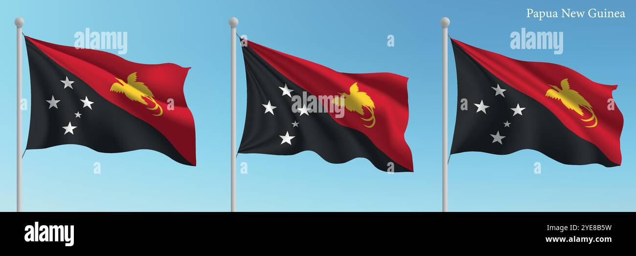 Set of three flags of Papua New Guinea waving on flagpoles with a ...