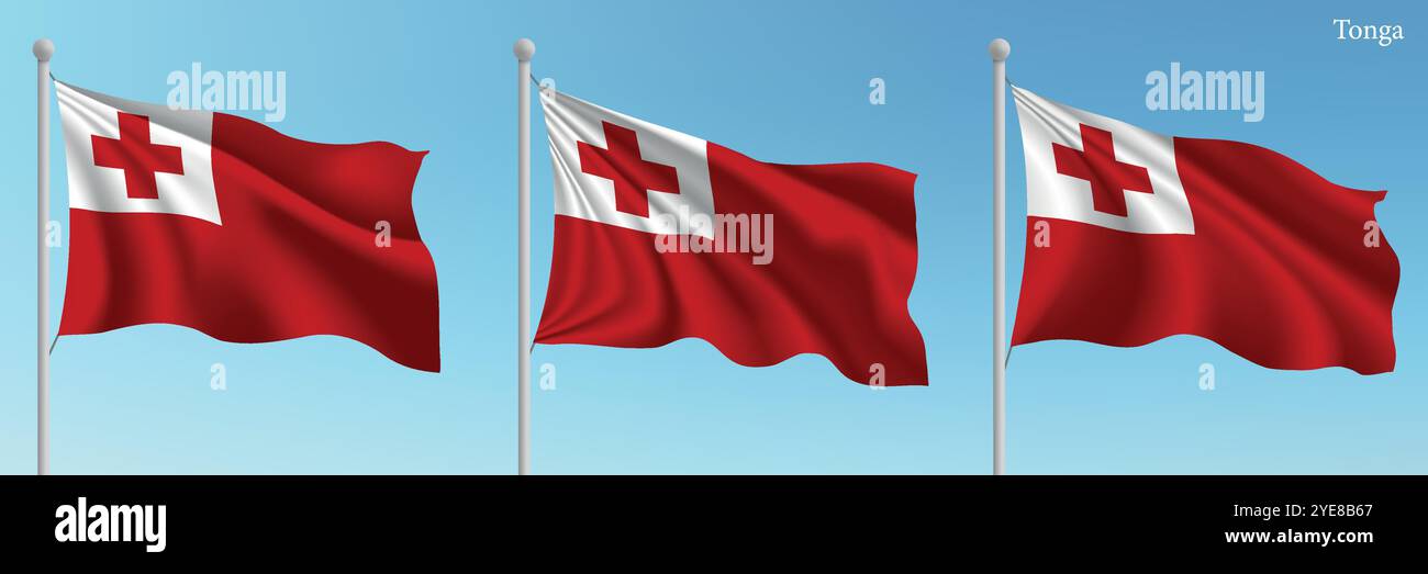 Set of three flags of Tonga waving on flagpoles with a vibrant blue sky ...