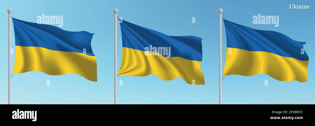 Set of three flags of Ukraine waving on flagpoles with a vibrant blue ...