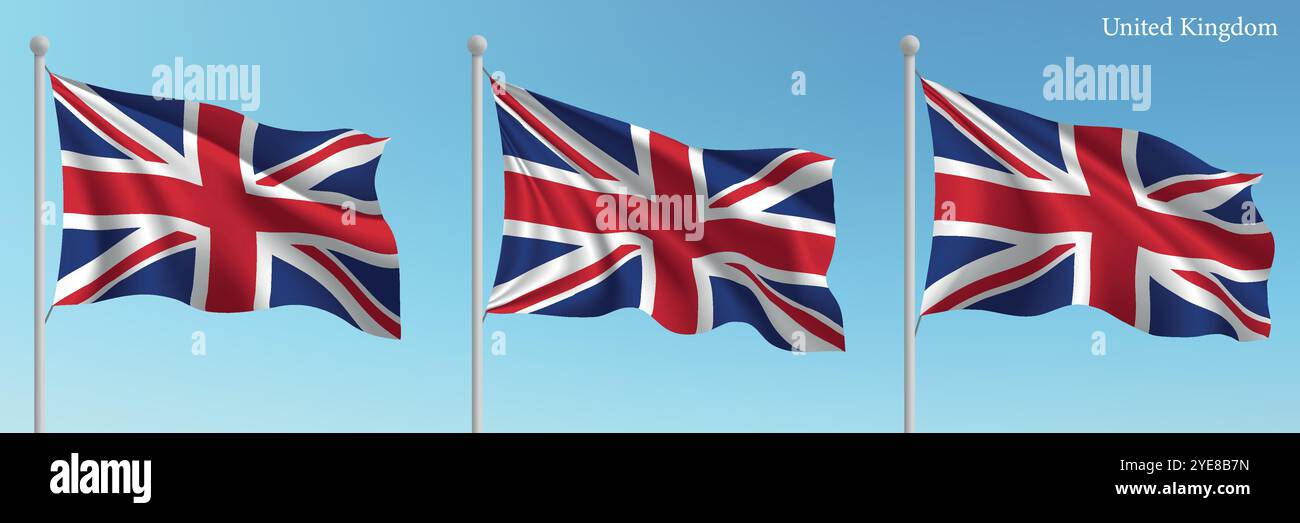 Set of three flags of United Kingdom waving on flagpoles with a vibrant blue sky backdrop Stock ...