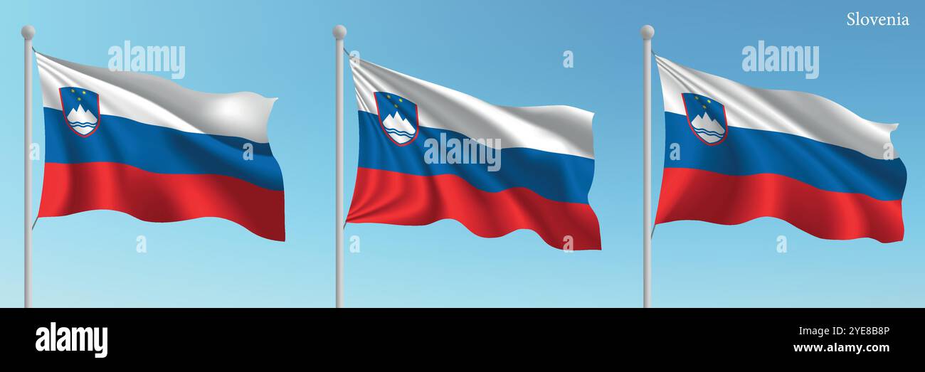 Set of three flags of Slovenia waving on flagpoles with a vibrant blue sky backdrop Stock Vector ...