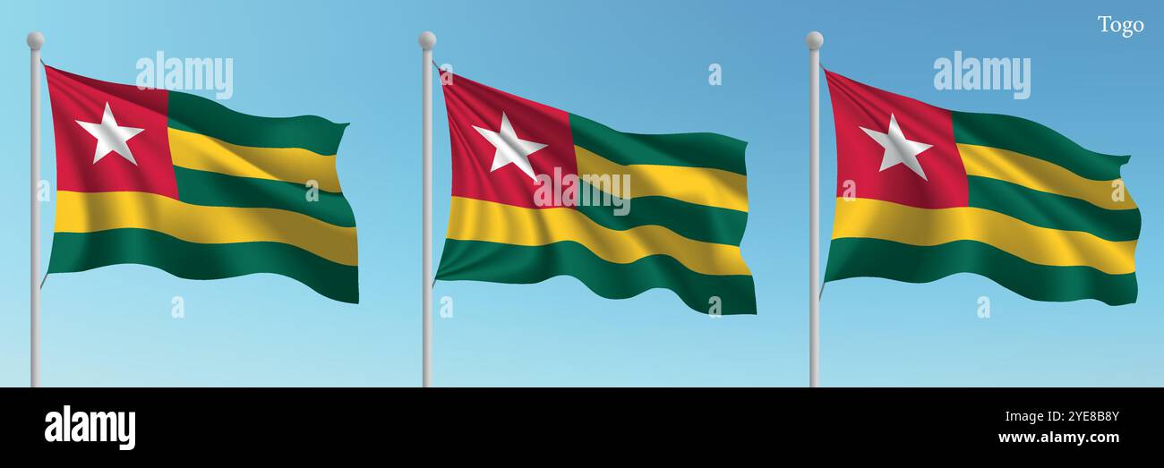 Set of three flags of Togo waving on flagpoles with a vibrant blue sky backdrop Stock Vector ...