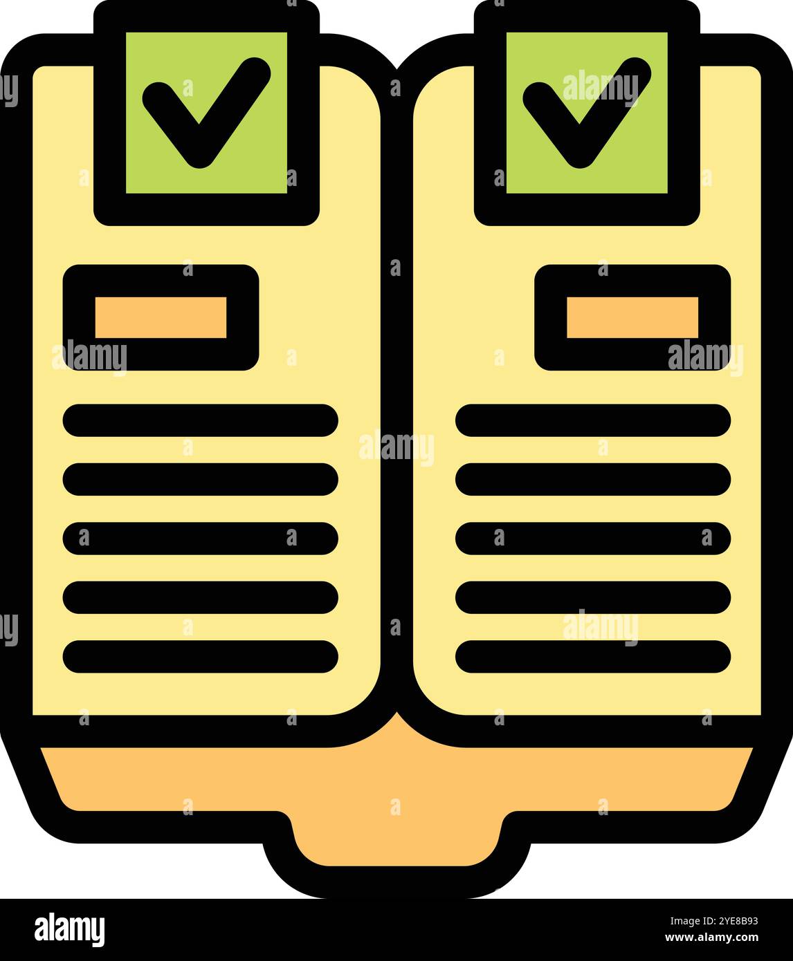 Open book with two green check marks symbolizing a successful ...