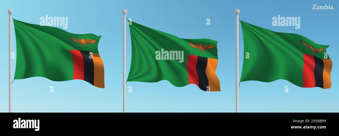 Set of three flags of Zambia waving on flagpoles with a vibrant blue sky backdrop Stock Vector ...