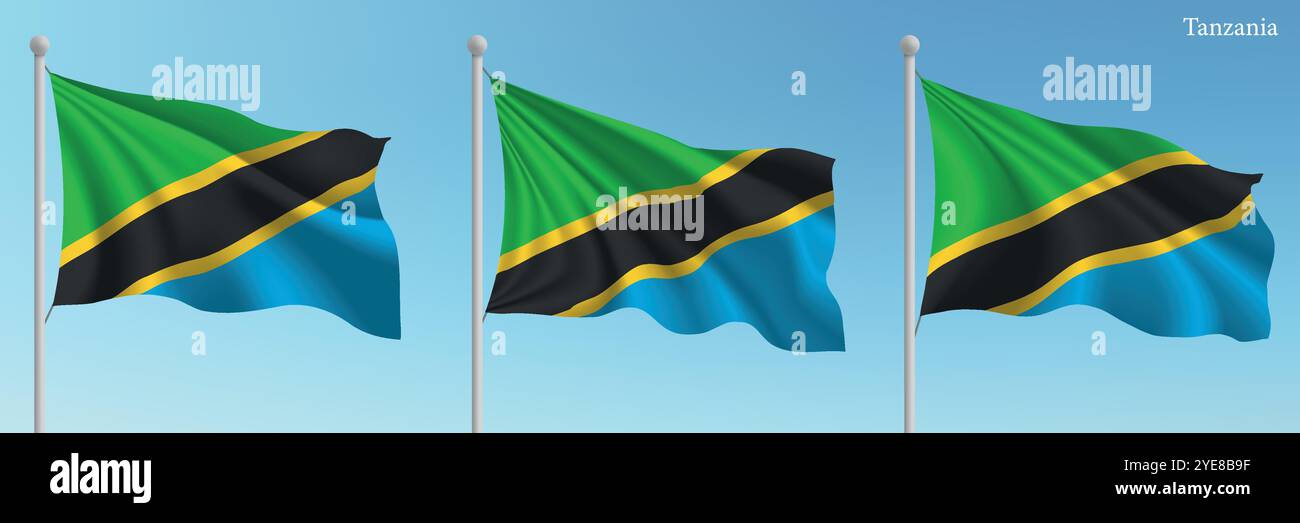 Set of three flags of Tanzania waving on flagpoles with a vibrant blue sky backdrop Stock Vector ...