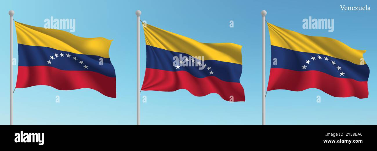 Set of three flags of Venezuela waving on flagpoles with a vibrant blue ...