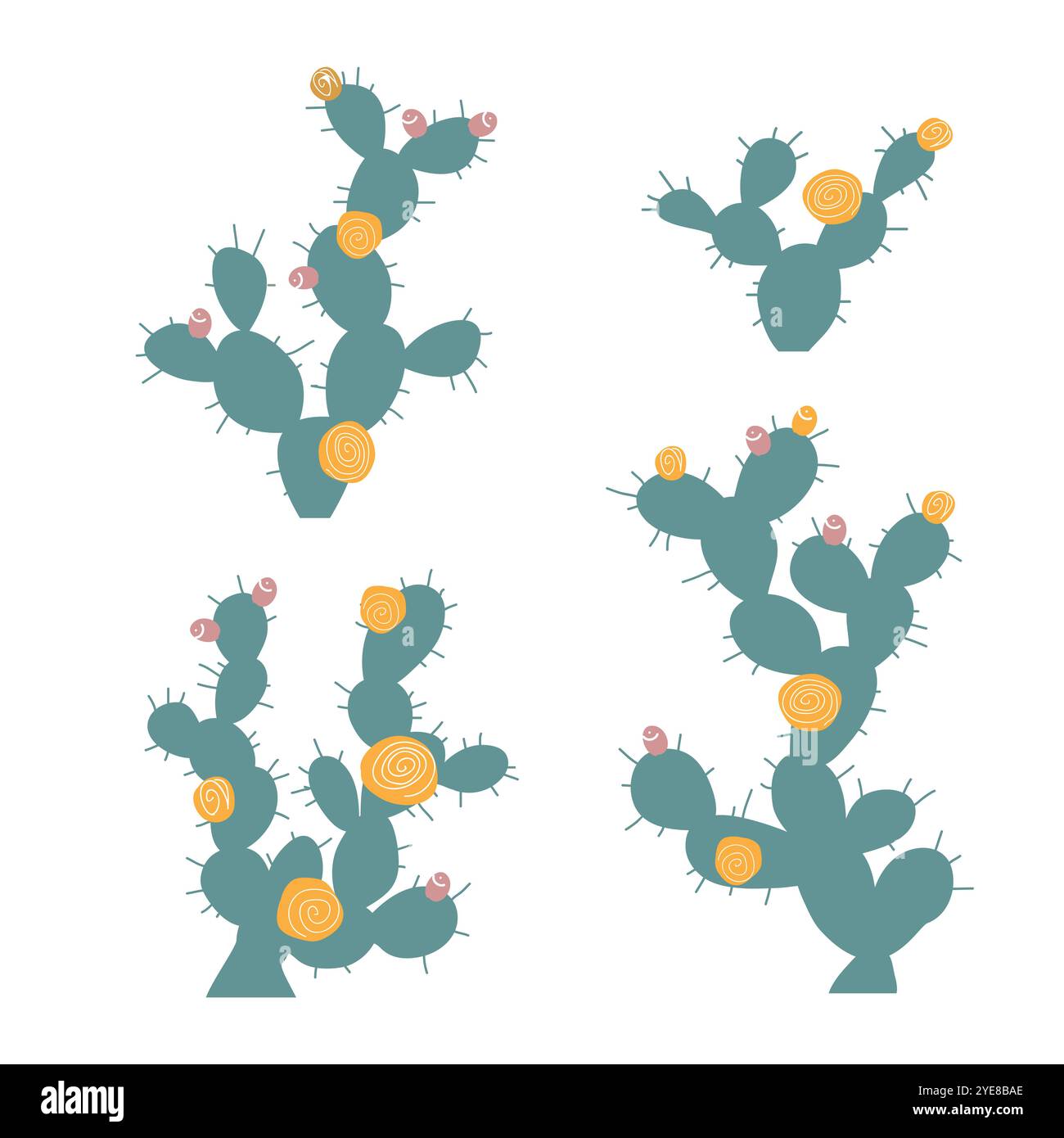 Opuntia cactus set, doodle isolated illustration. Prickly pear vector ...
