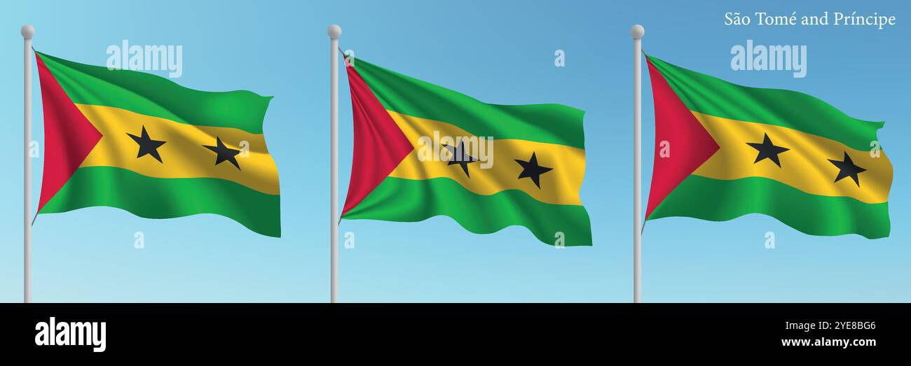 Set of three flags of Sao Tome and Principe waving on flagpoles with a vibrant blue sky backdrop ...