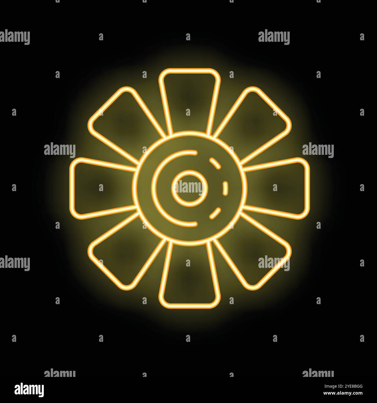 Neon glowing sign of a car wheel disk with eight spokes on a black ...